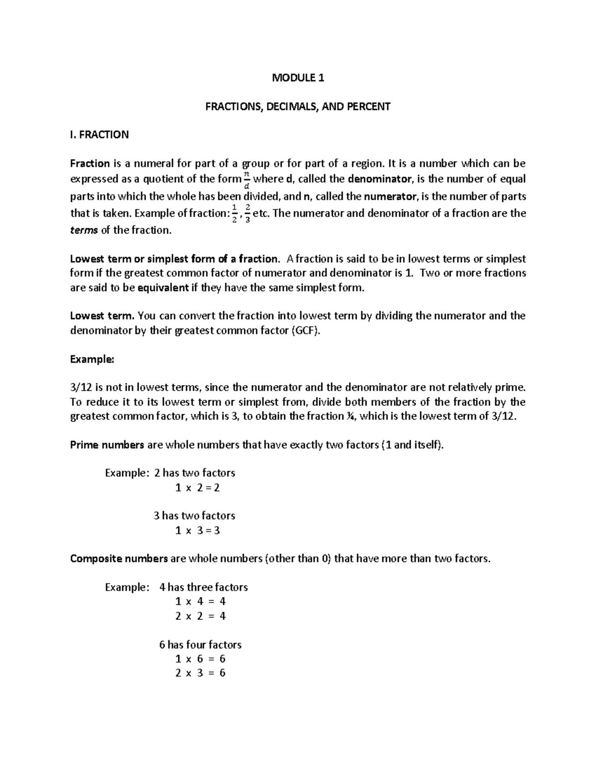 Business Mathematics: Module 1 - Fractions, Decimals, and Percent ...