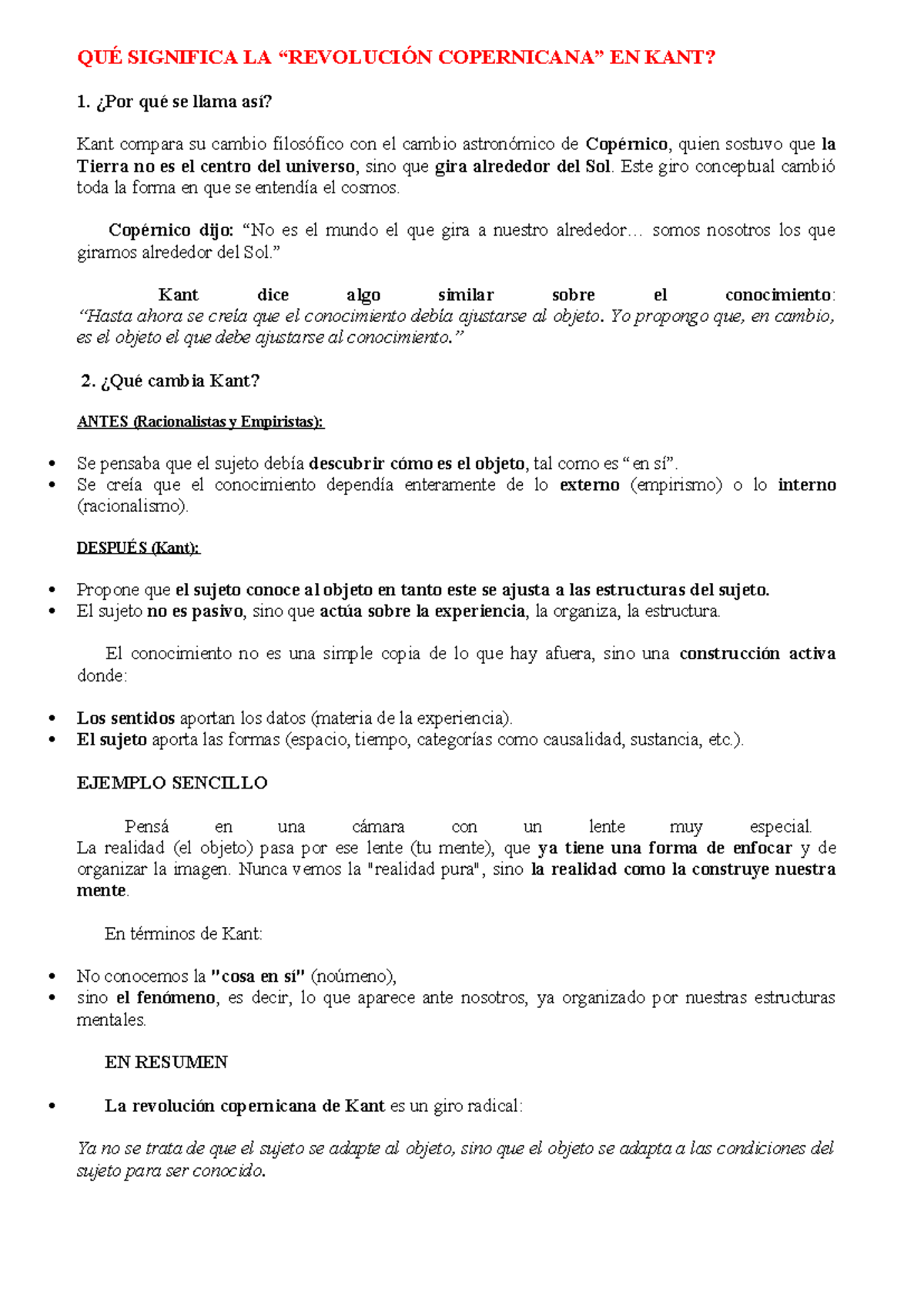 Giro Copernicano en Kant: Explicación Breve para Filosofía 1º Año - Studocu