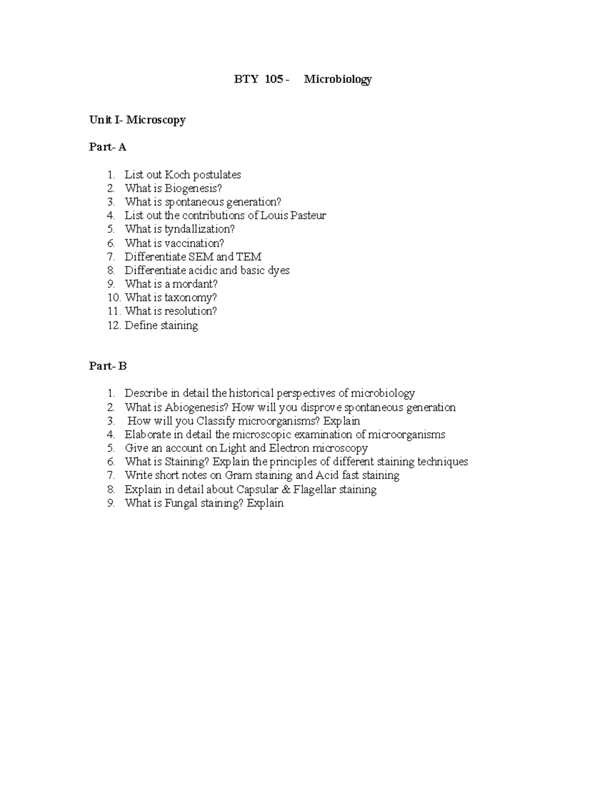 BTY 105 Microbiology Question Bank: Key Concepts & Techniques - Studocu