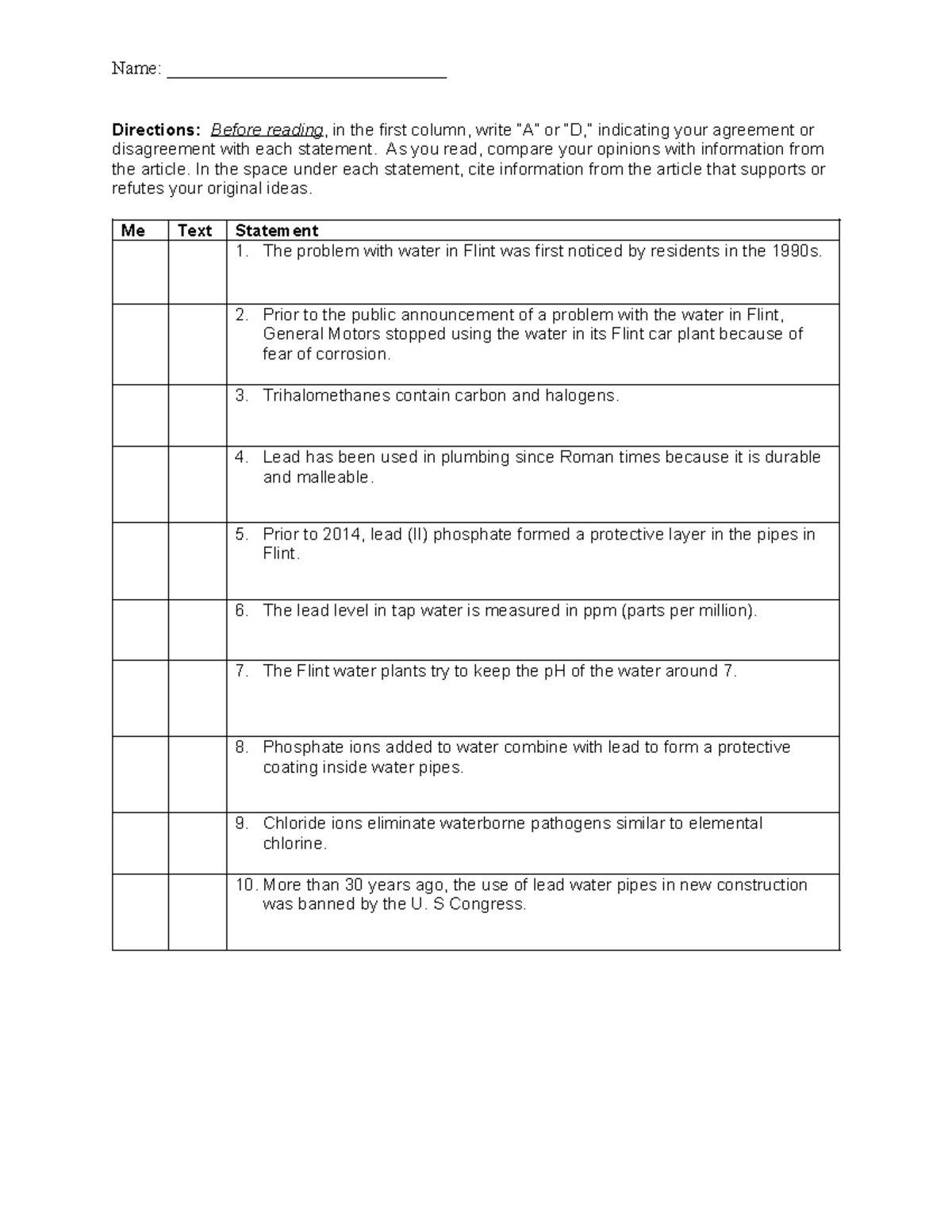 Flint Water Crisis Worksheet - Agreement/Disagreement Notes - Studocu