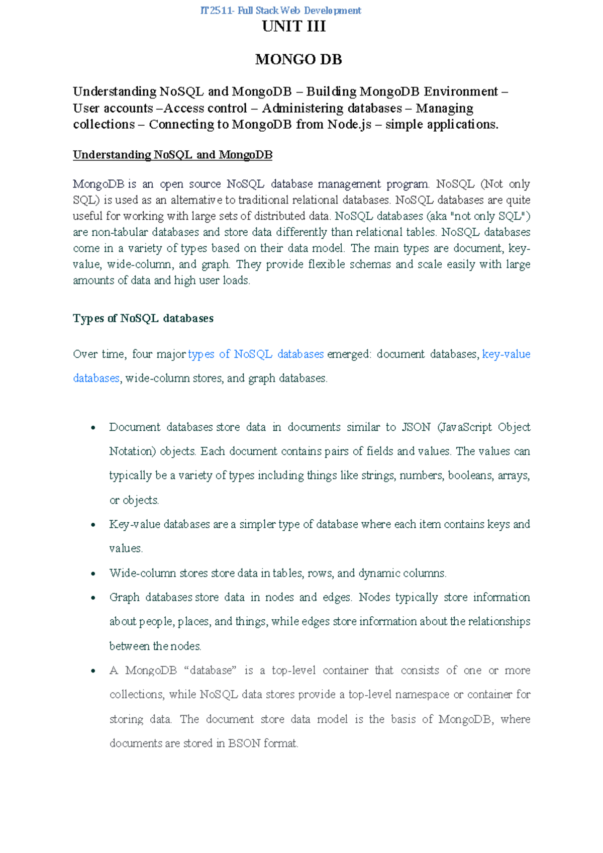 Full Stack Web Development UNIT: Understanding MongoDB and NoSQL ...