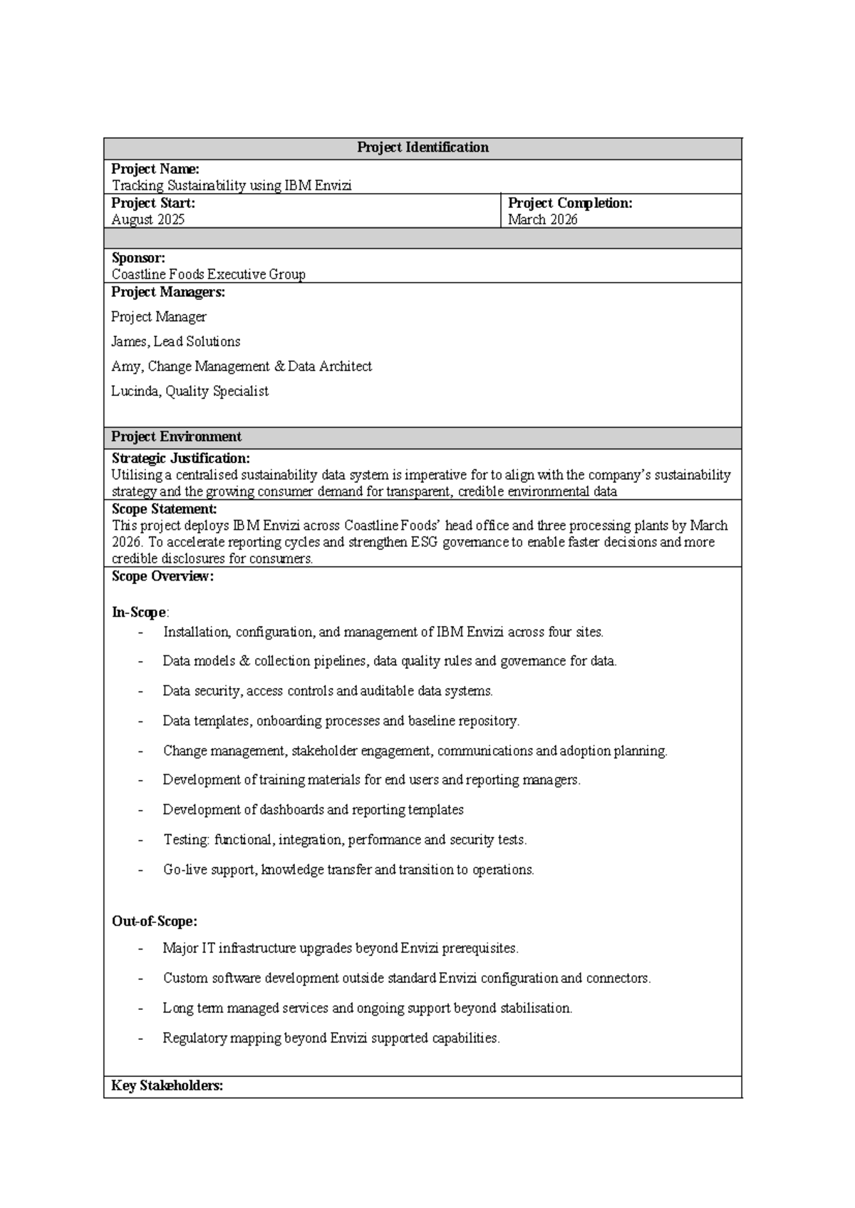 Project Charter: Tracking Sustainability with IBM Envizi (Aug 2025 ...
