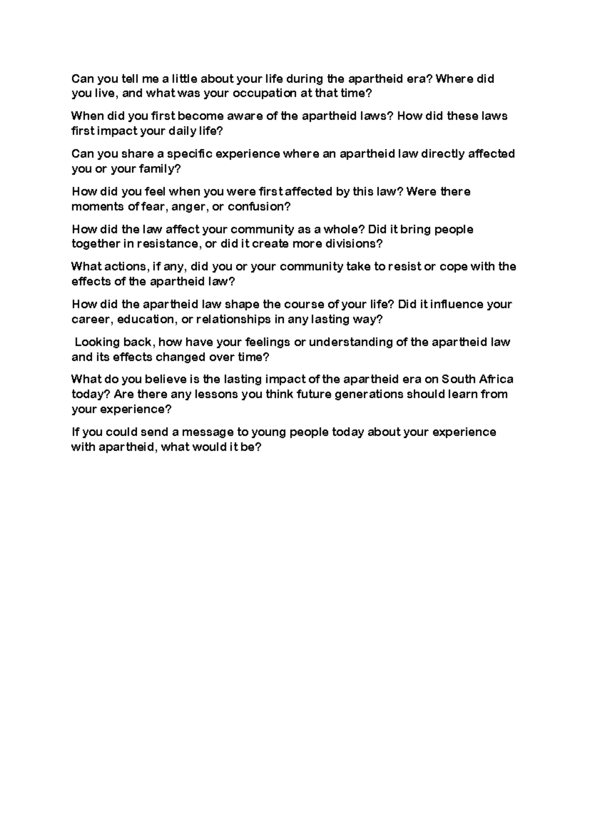 Interview Questions on Apartheid Era Experiences - Studocu