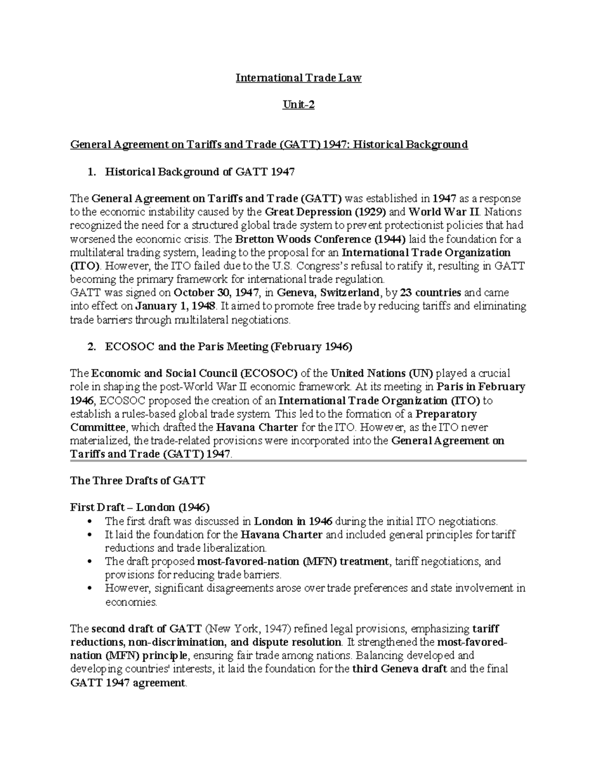 Unit 2 - International Trade Law: GATT 1947 Historical Overview and ...