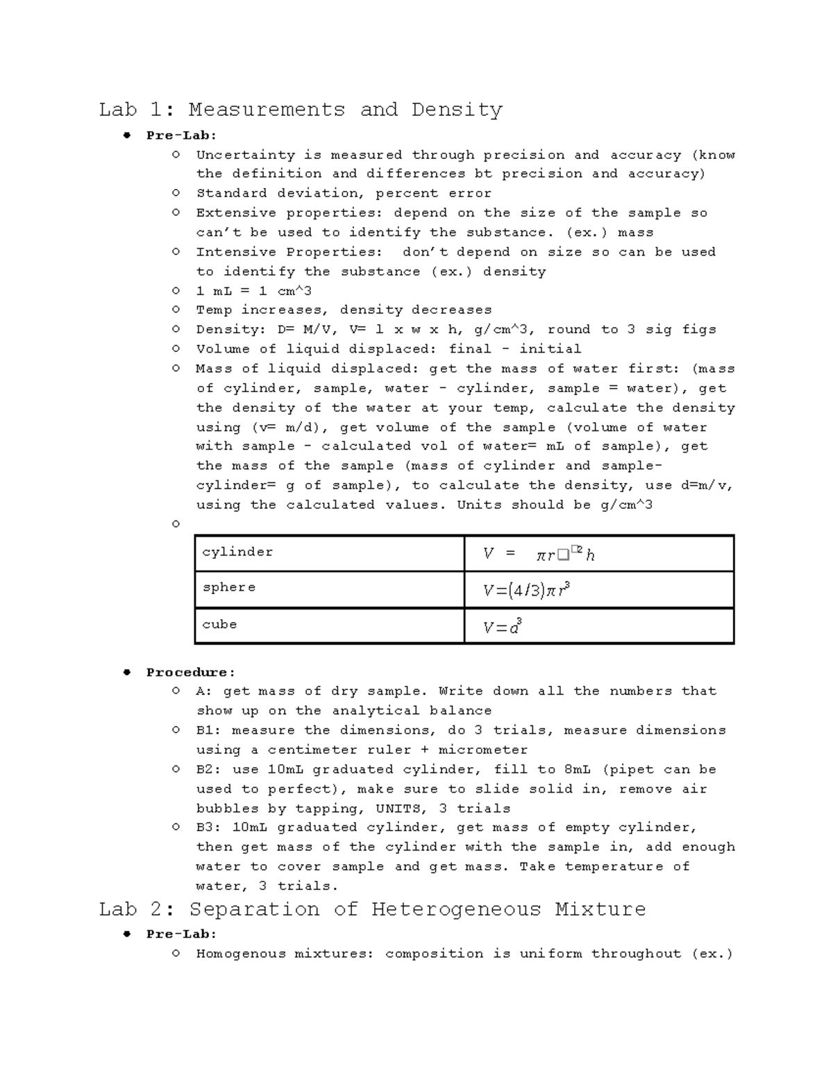 CHEM 101 Lab Final Review - Lab 1: Measurements and Density Pre-Lab ...