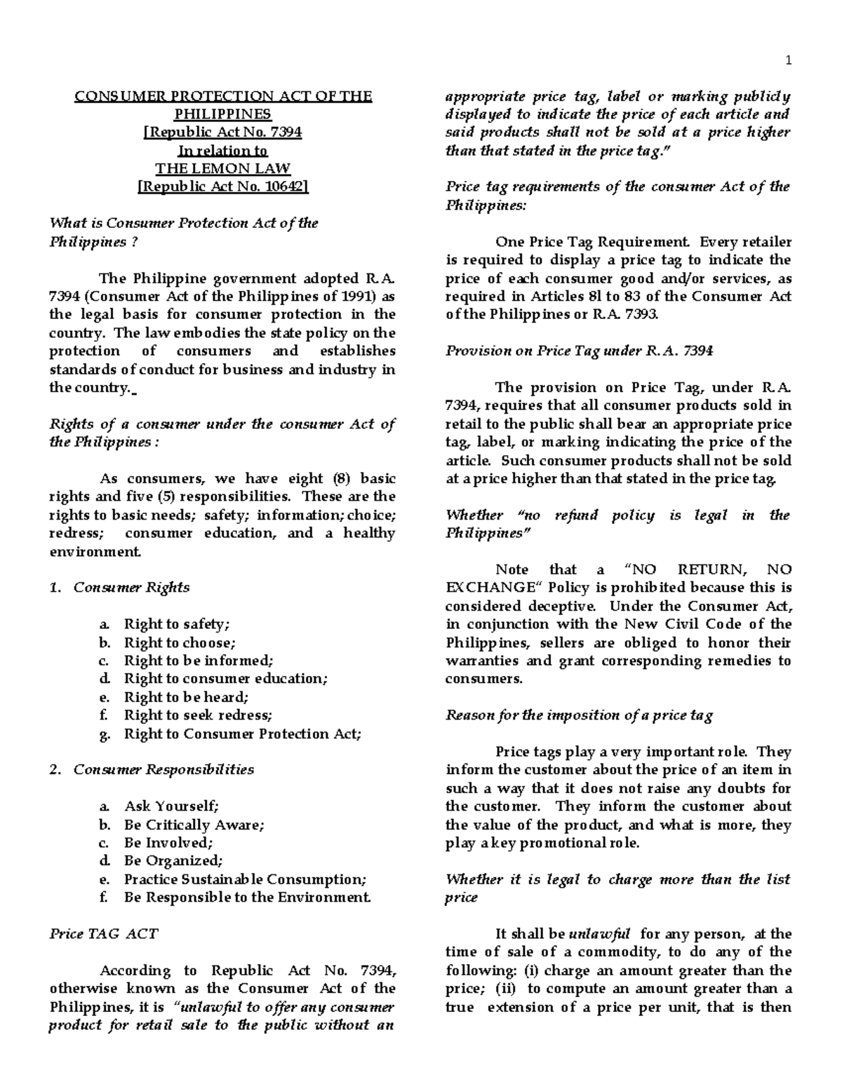 Philippine Consumer Protection Overview: RA 7394 & RA 10642 - Studocu