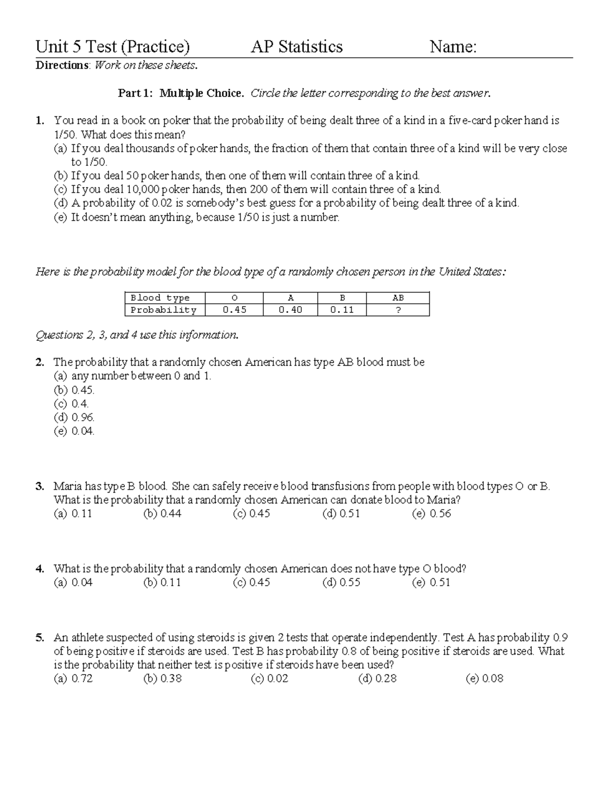 AP Statistics Unit 5 Test Review: Practice Questions & Answers - Studocu