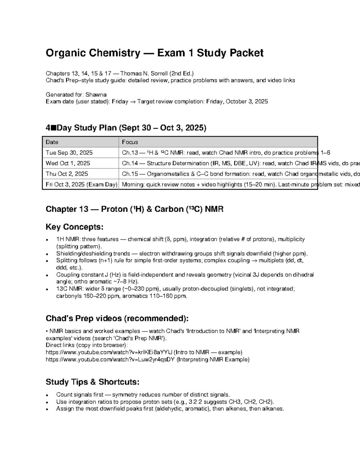 OChem Exam 1 Study Guide: Ch. 13-15, 17 (Sorrell, 2nd Ed.) - Studocu