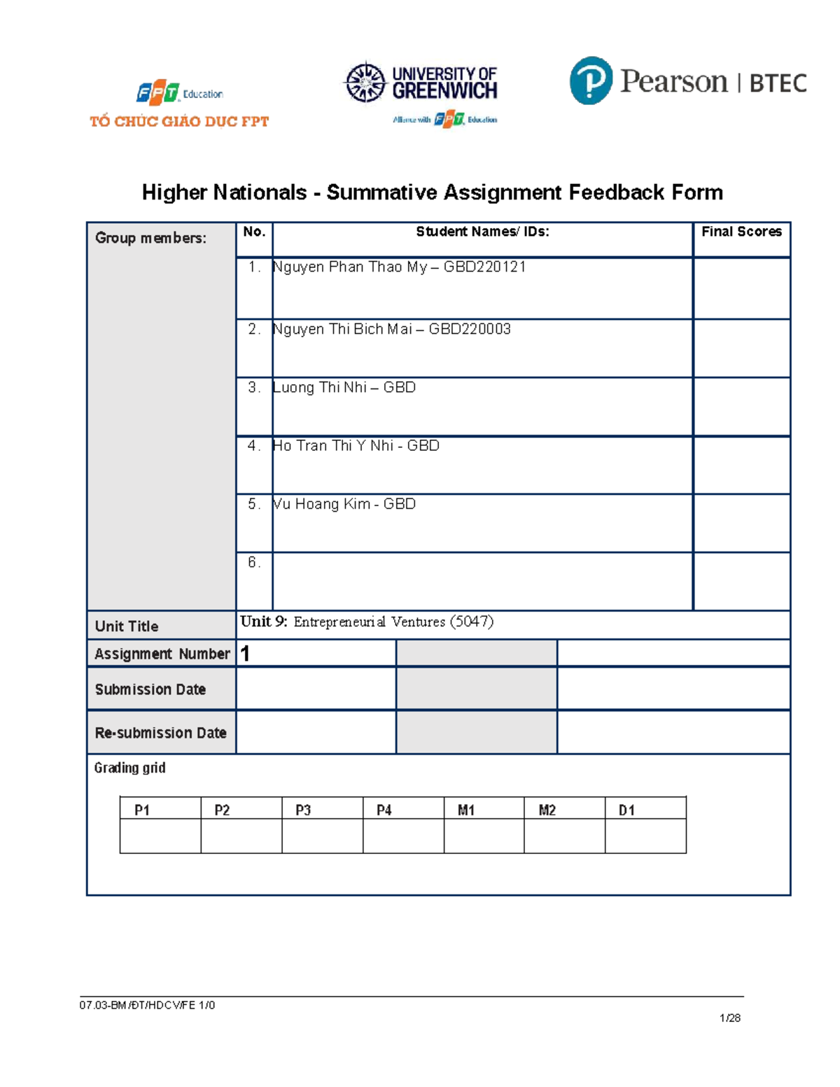 5047 GBD1101 Group 4 Summative Assignment Feedback Form - Studocu