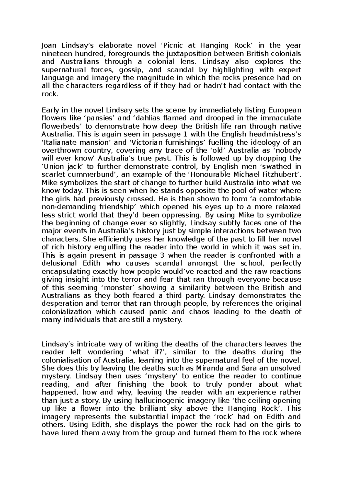 Joan Lindsay prac piece - Joan Lindsay’s elaborate novel ‘Picnic at ...