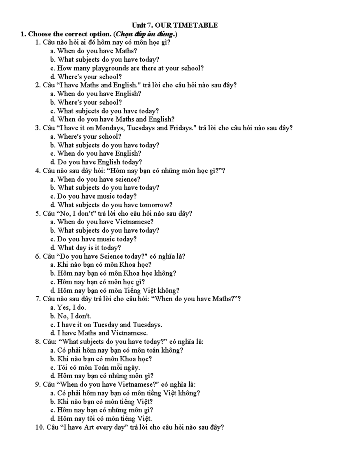 BÀI TẬP UNIT 7 - Grade 4 - Timetable Exercises - Studocu