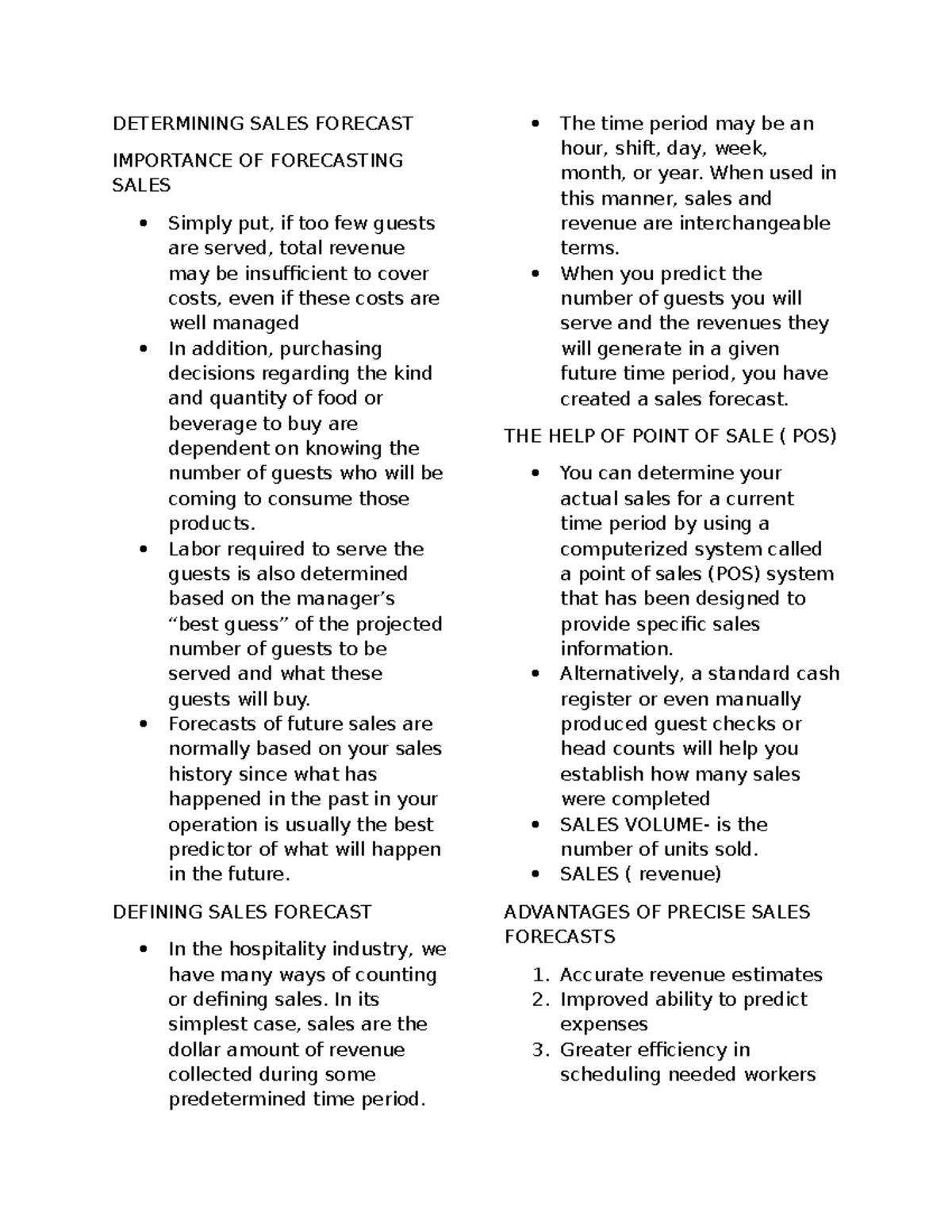 Chapter 3-4: Sales Forecasting & Cost Control in HM PE 3 - Studocu