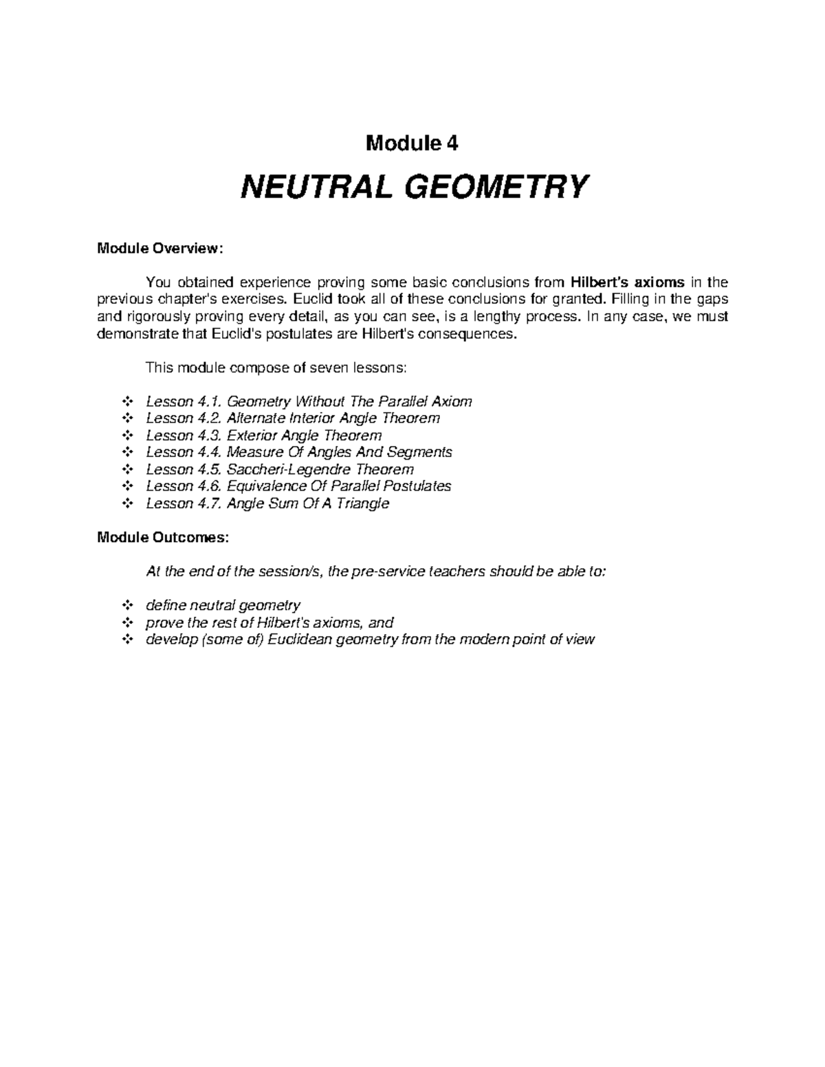 Modern Geometry: Module 4 - Exploring Neutral Geometry Concepts - Studocu