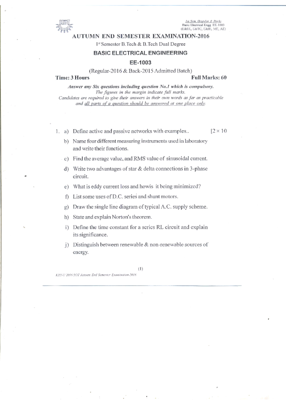 BEE Question Papers - Basic Electrical Engineering - KIIT University ...