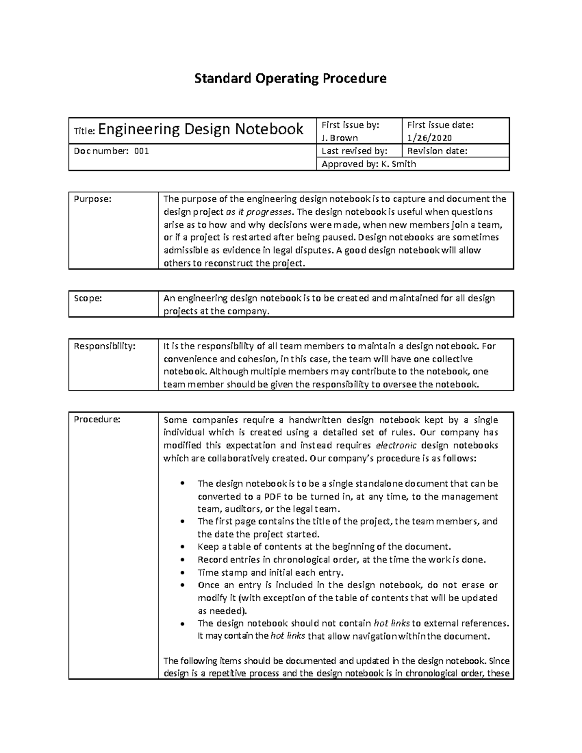 Engineering Design Notebook SOP #001: Guidelines for Use and ...