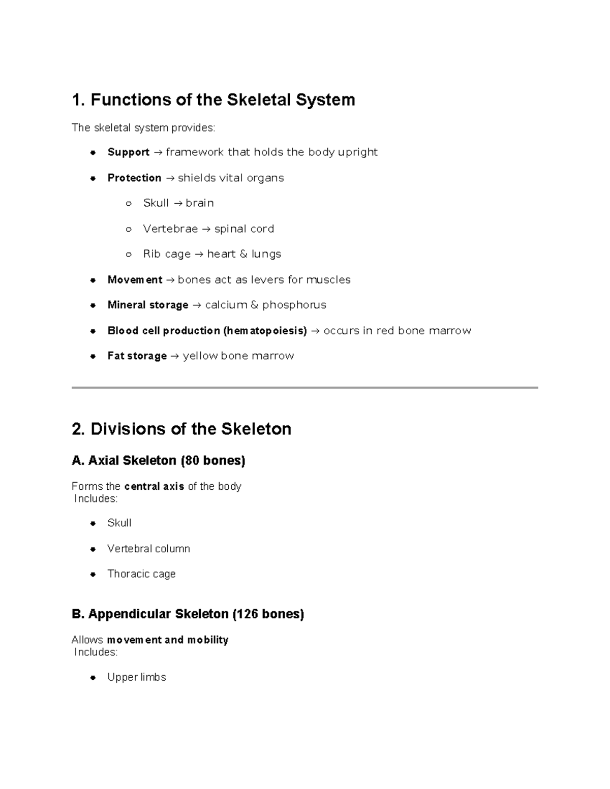 Skeletal System (BIO101) – Detailed Anatomy Notes and Functions - Studocu
