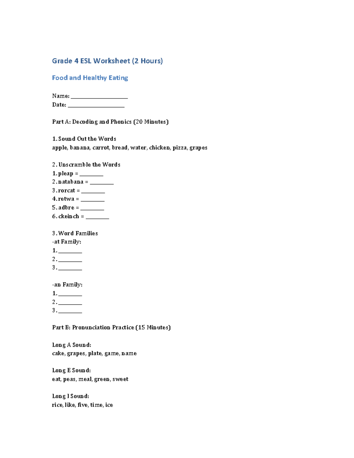 Grade 4 ESL Worksheet: Food & Healthy Eating Activities - Studocu