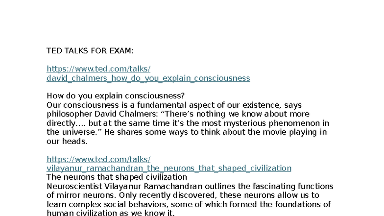 TED Talks FOR EXAM - TED TALKS FOR EXAM: ted/talks/ david_chalmers_how ...