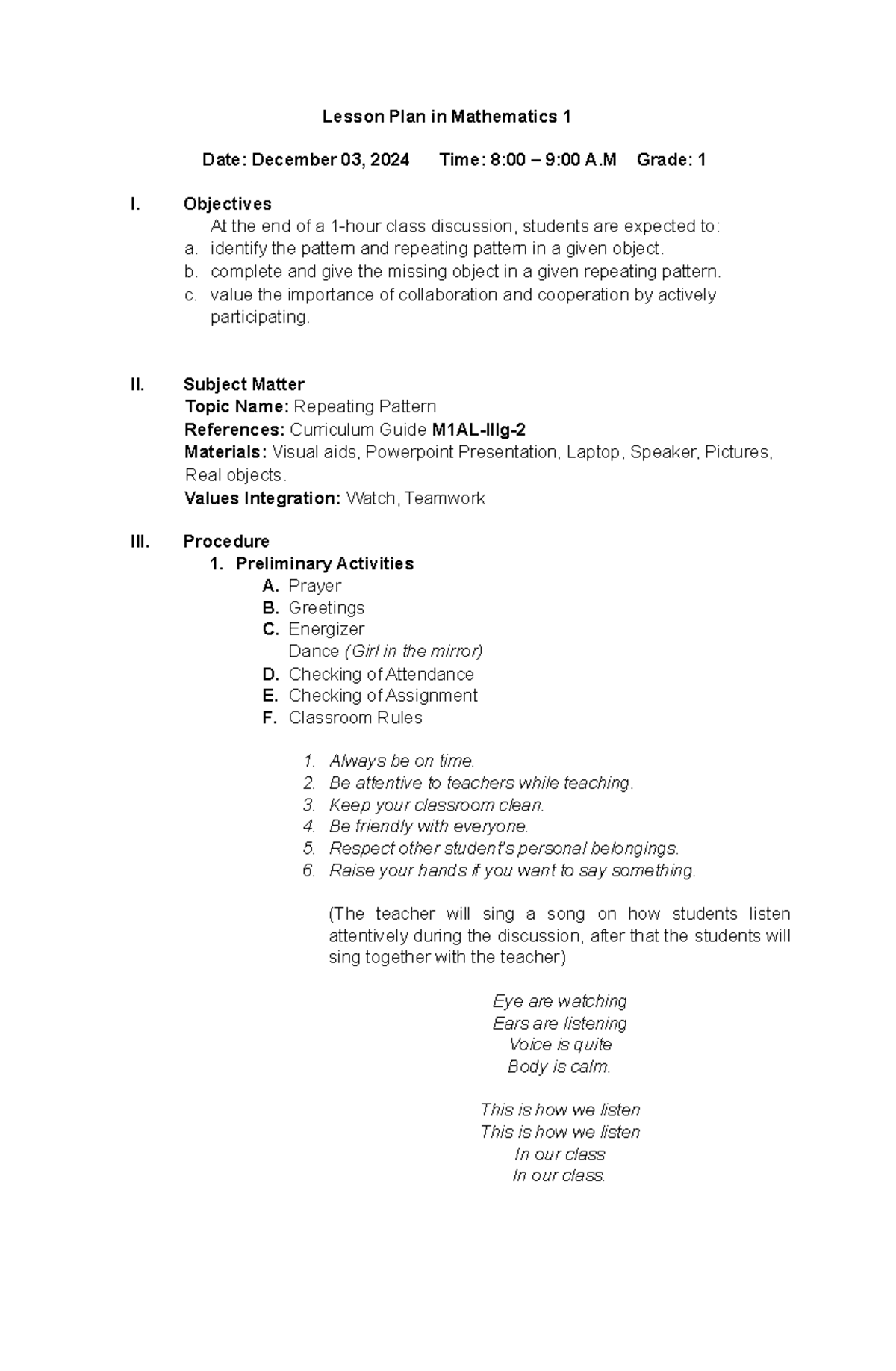 EDMT- Lesson PLAN Final Demonstration - Lesson Plan in Mathematics 1 Date: December 0 3 , 2024 ...