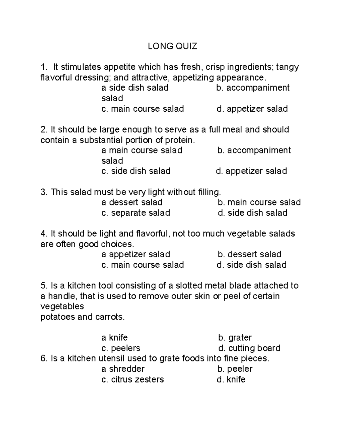 LONG QUIZ-TLE 9: SALAD TYPES & KITCHEN TOOLS - 3RD Q - Studocu
