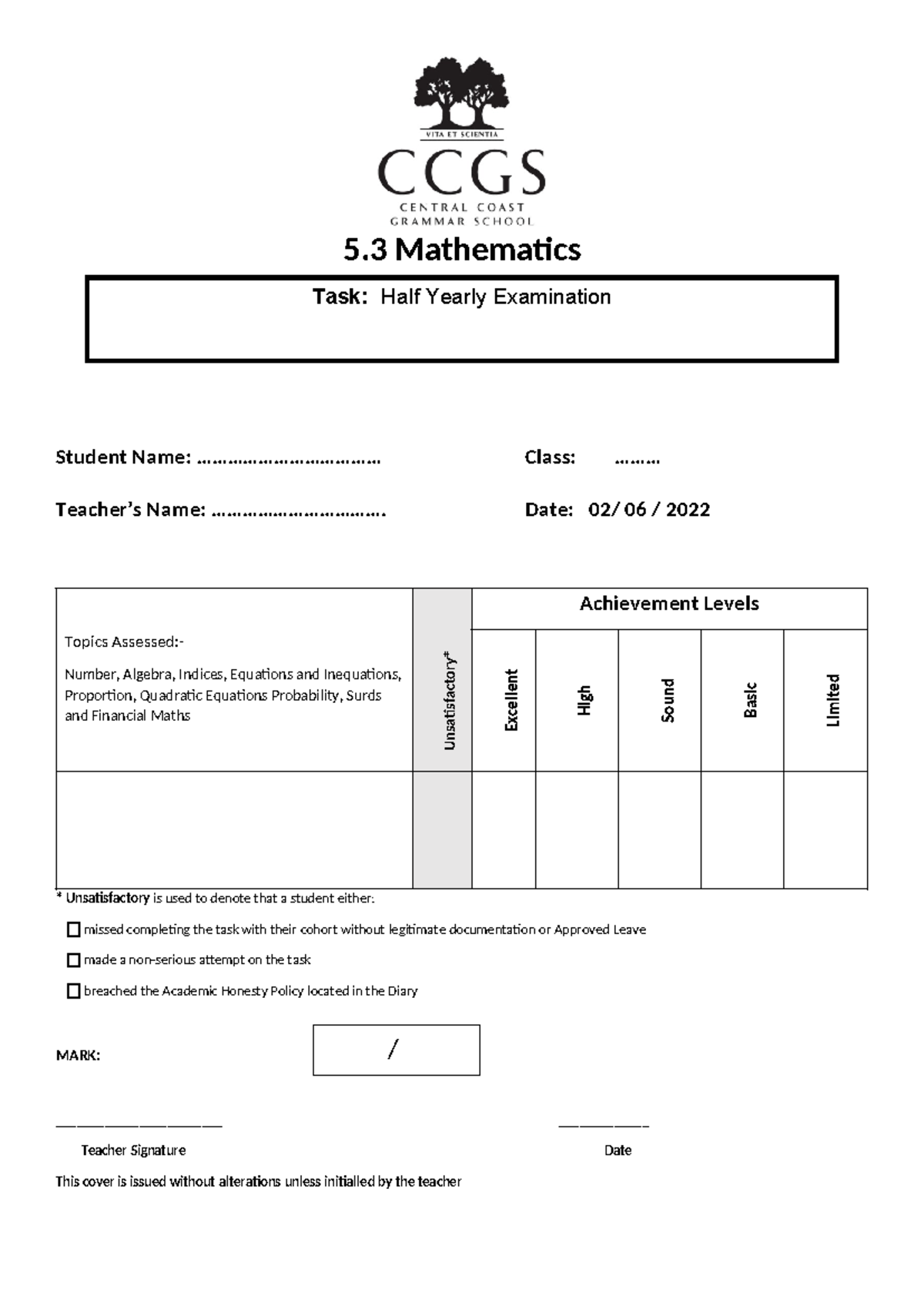 YEAR 10 Mathematics Half Yearly Exam 2022: Task Overview - Studocu