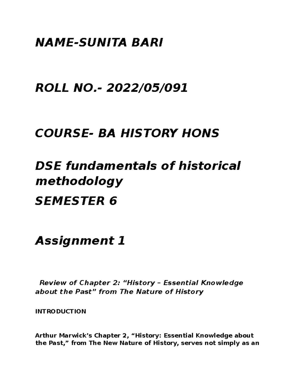 BARI ROLL BA HISTORY HONS DSE Sem 6 Assignment 1: Review of Chapter 2 ...