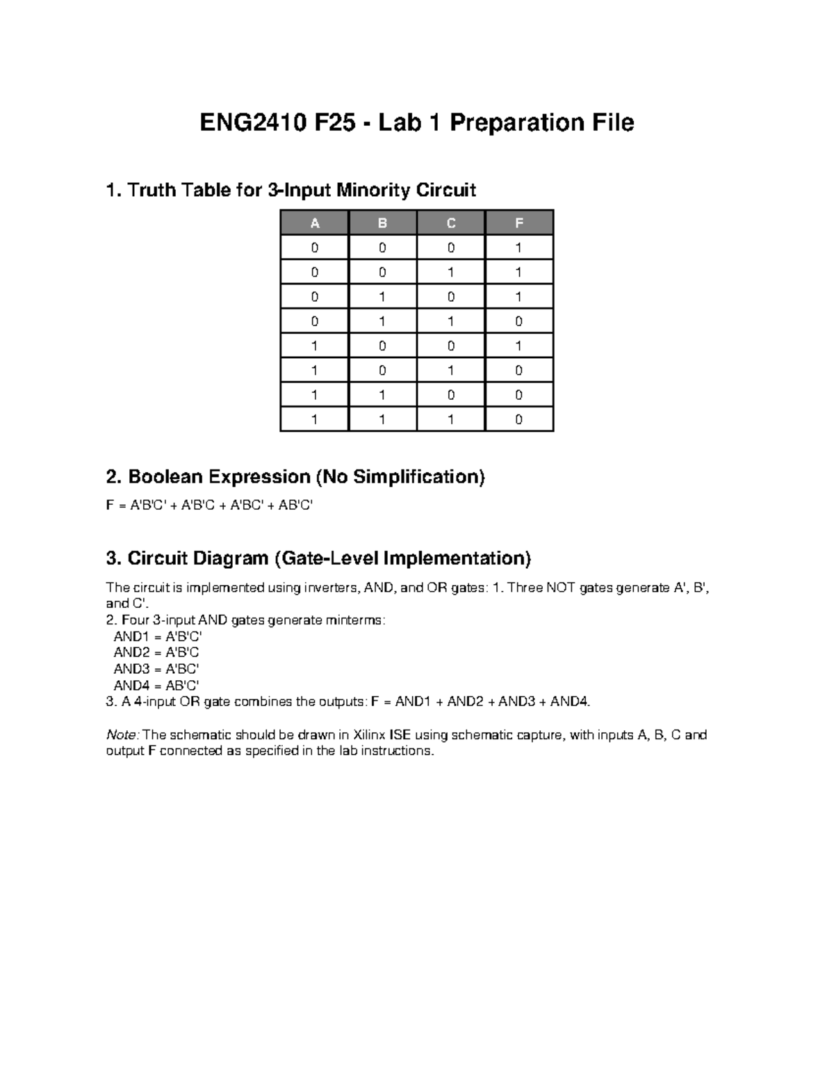 ENG2410 F25 Lab 1: Truth Table, Boolean Expression & Circuit Diagram ...