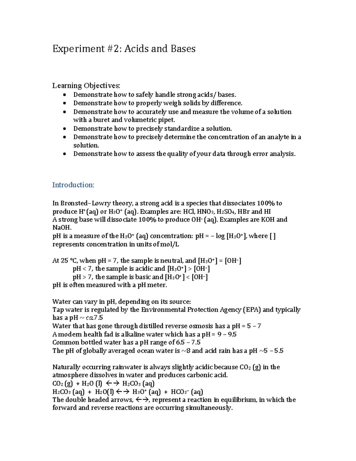 CHE 133.30 Lab: Acids and Bases Experiment & Titration Techniques - Studocu