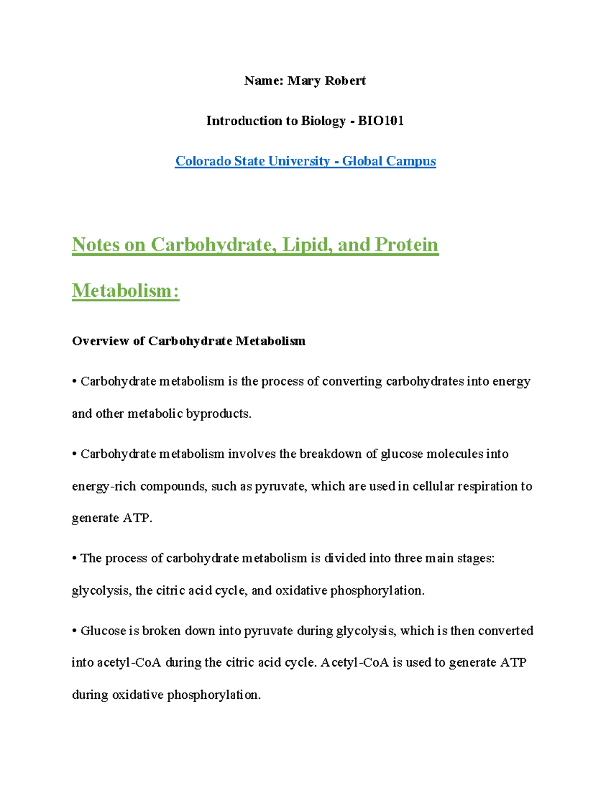 BIO Final Exam Notes: Carbohydrate, Lipid, and Protein Metabolism - Studocu