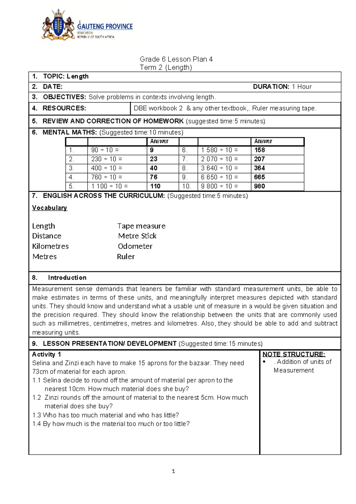 Grade 6 Term 2 Length Lesson Plan 4: Measurement Activities - Studocu