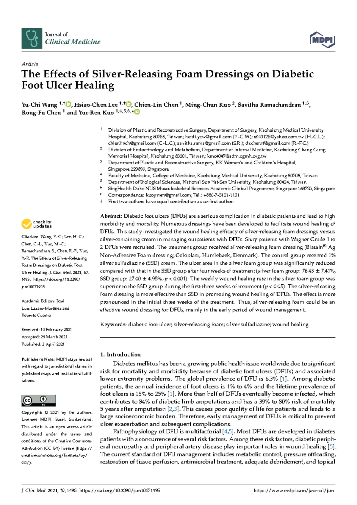 JCM 10: Efficacy of Foam Dressings vs. SSD in Diabetic Foot Ulcer ...
