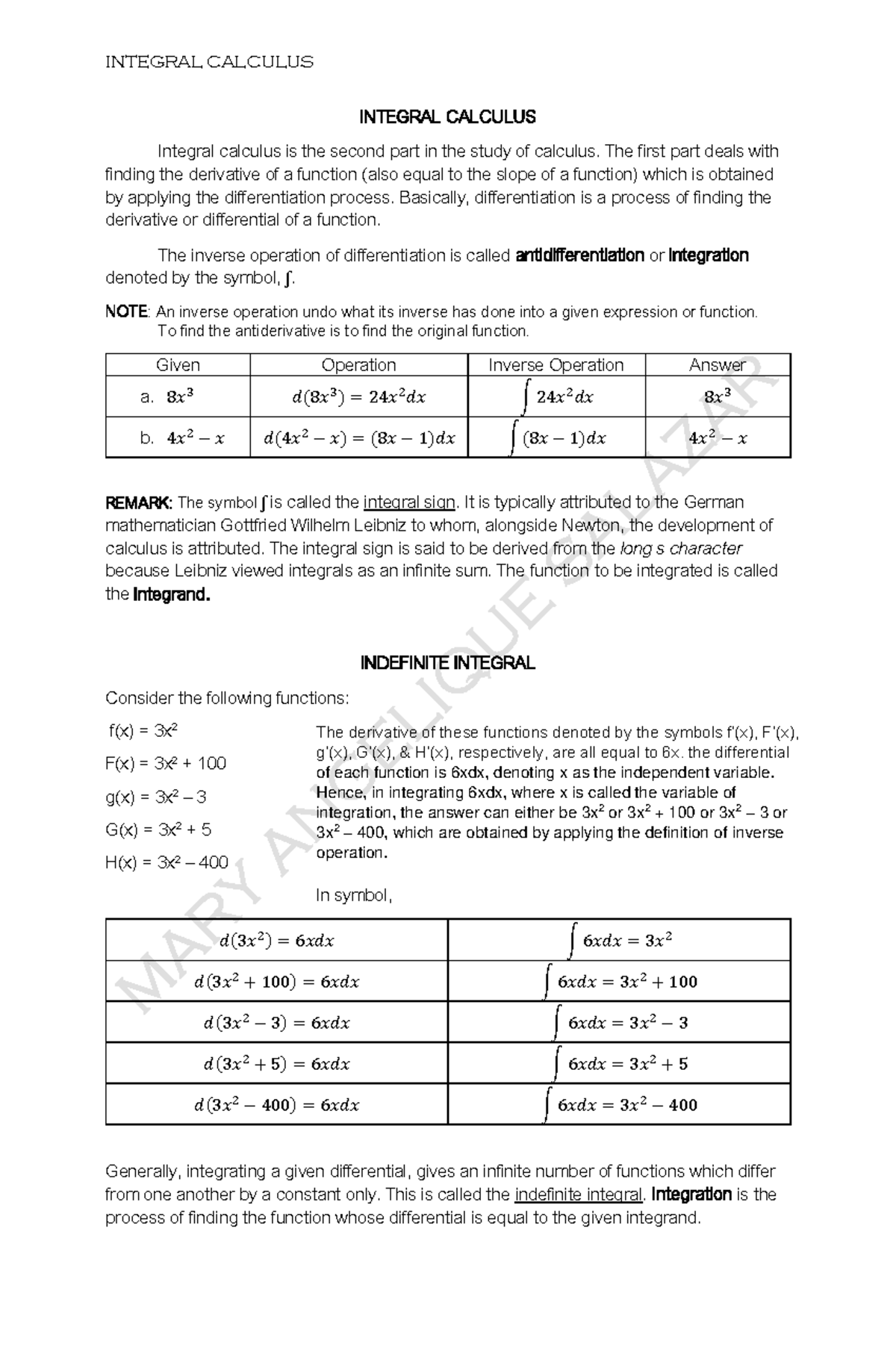 Integral Calculus: Understanding Indefinite Integrals and ...