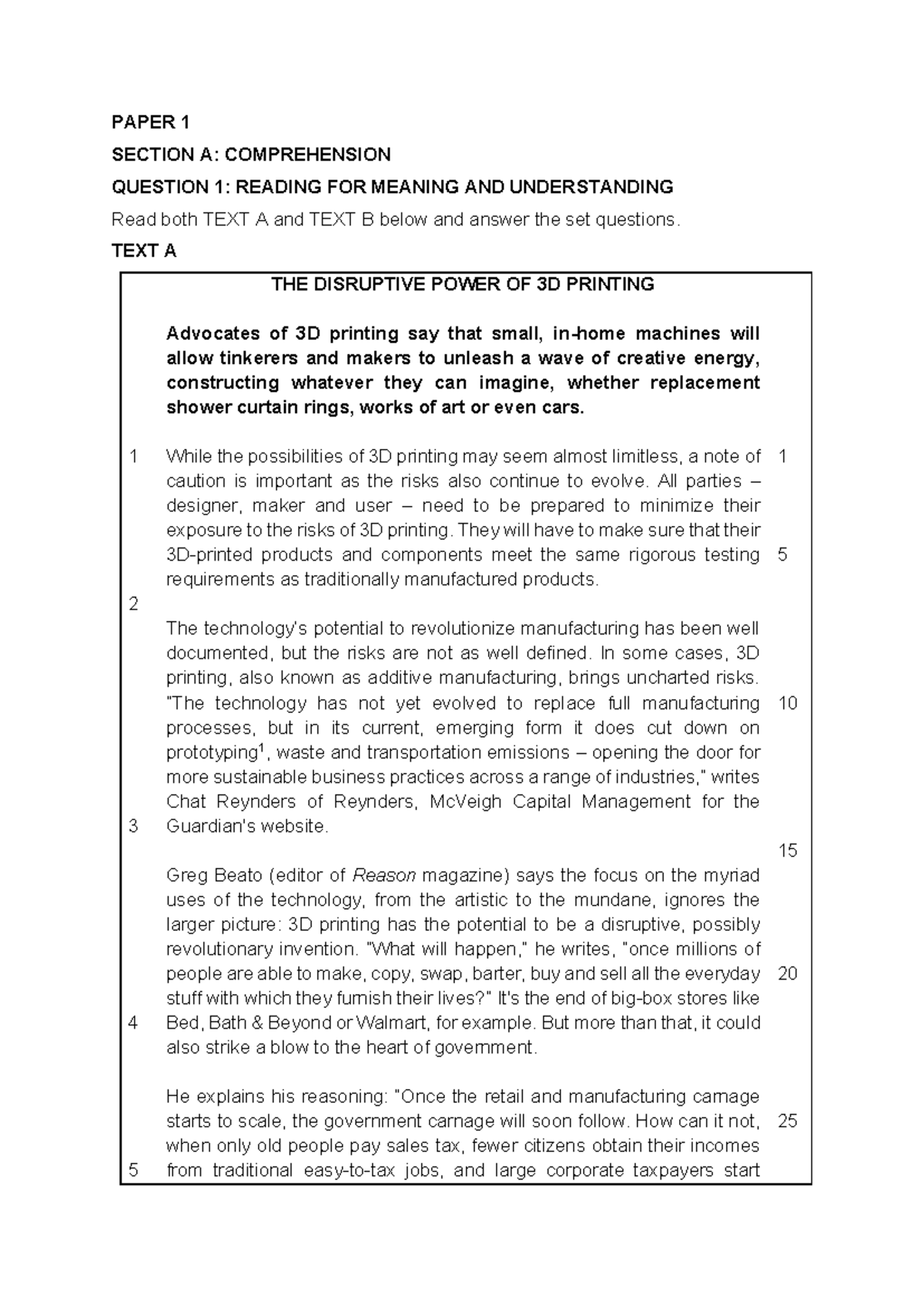 PAPER 1 SECTION A: READING COMPREHENSION ON 3D PRINTING - Studocu