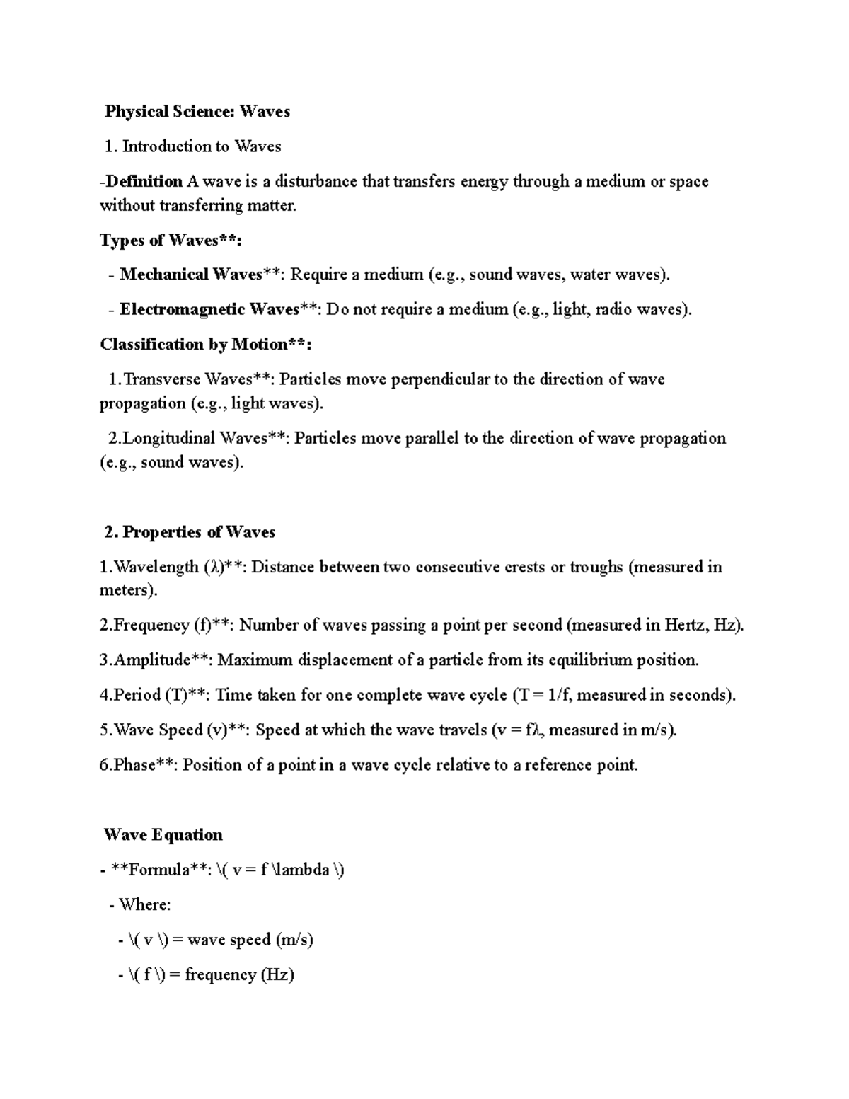 Physical Science: Waves - Updated Notes and Key Concepts - Studocu