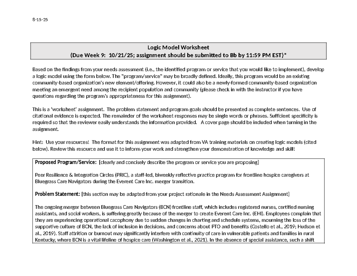 Logic Model Worksheet (FALL 25) for Peer Resilience Integration Circles ...