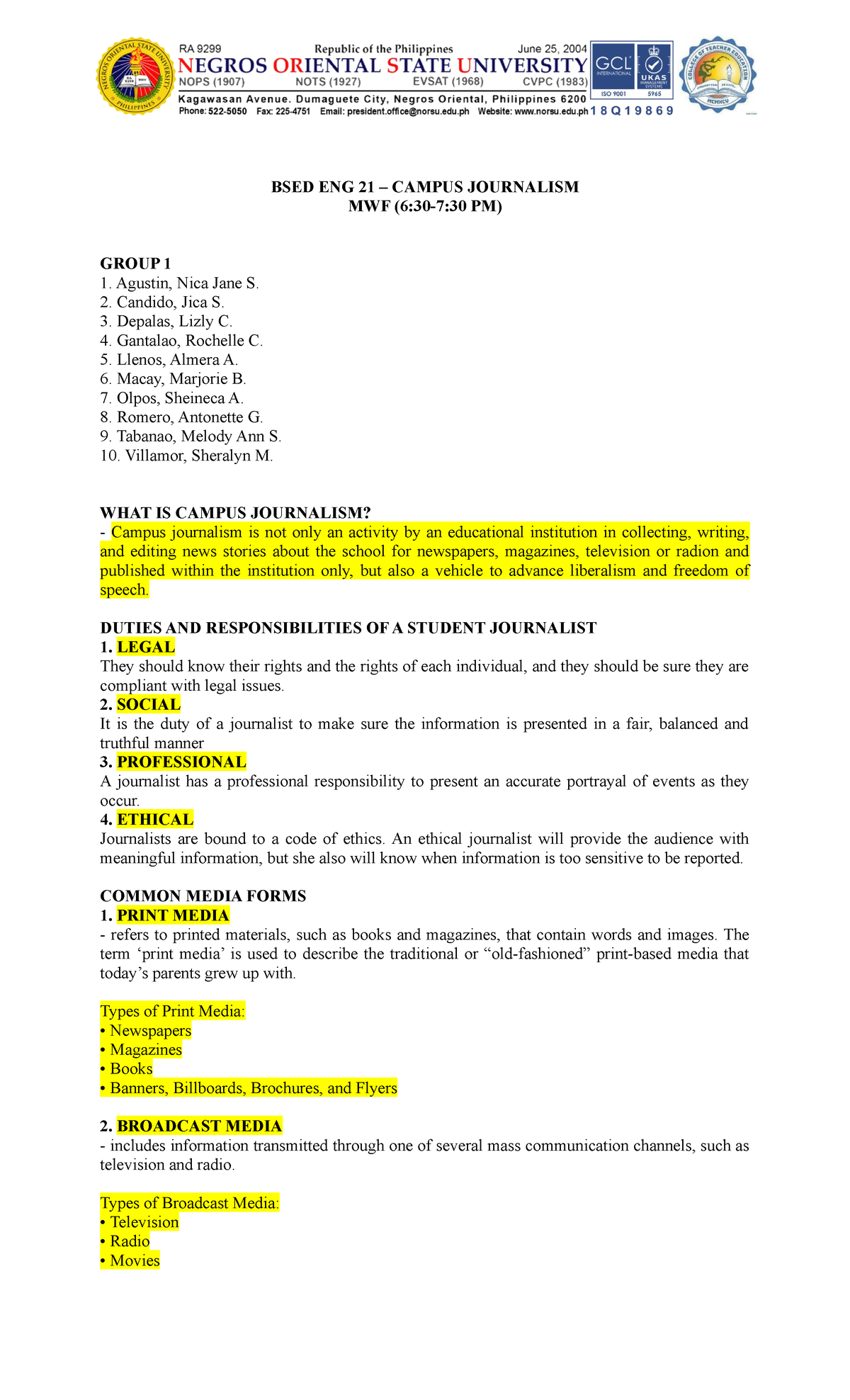 Campus- Journalism- Final - BSED ENG 21 – CAMPUS JOURNALISM MWF (6:30-7 ...