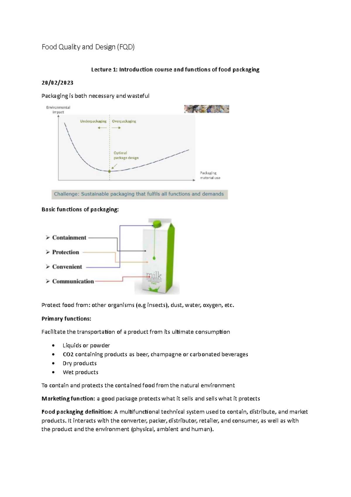 FQD Lecture 1-4: Food Packaging Functions and Interactions Summary ...
