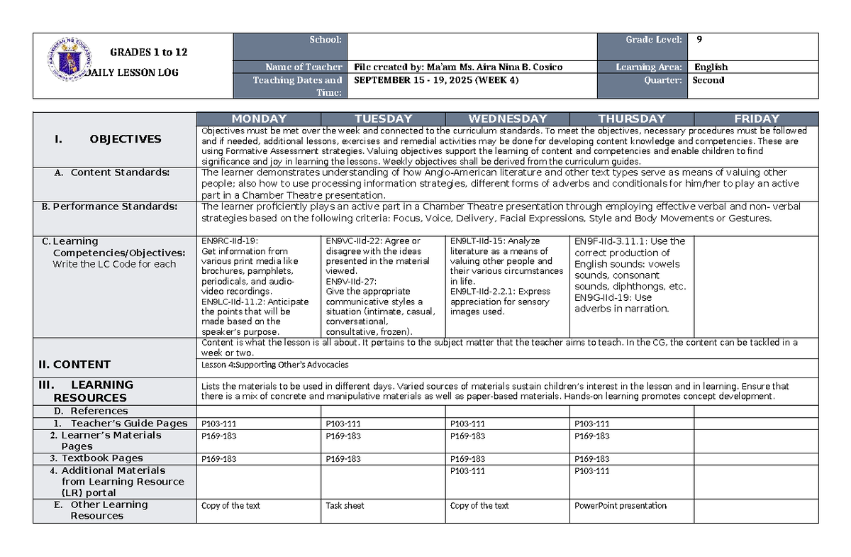 Melc Daily Lesson Log: English G9 Q2 Week 4 - Studocu