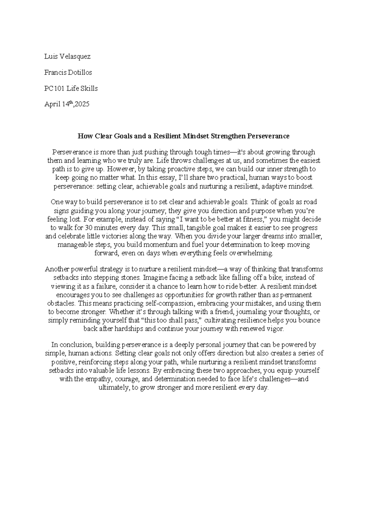 PC101 Life Skills Essay: Building Perseverance Through Goals ...