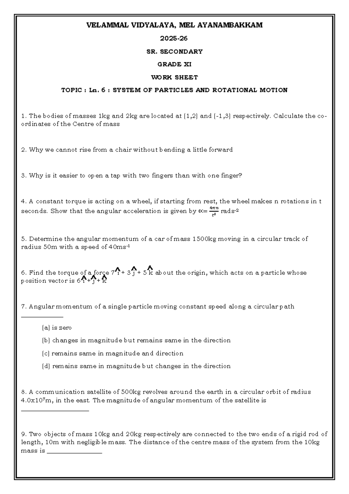 X1 - Physics - Worksheet on System of Particles & Rotational Motion ...