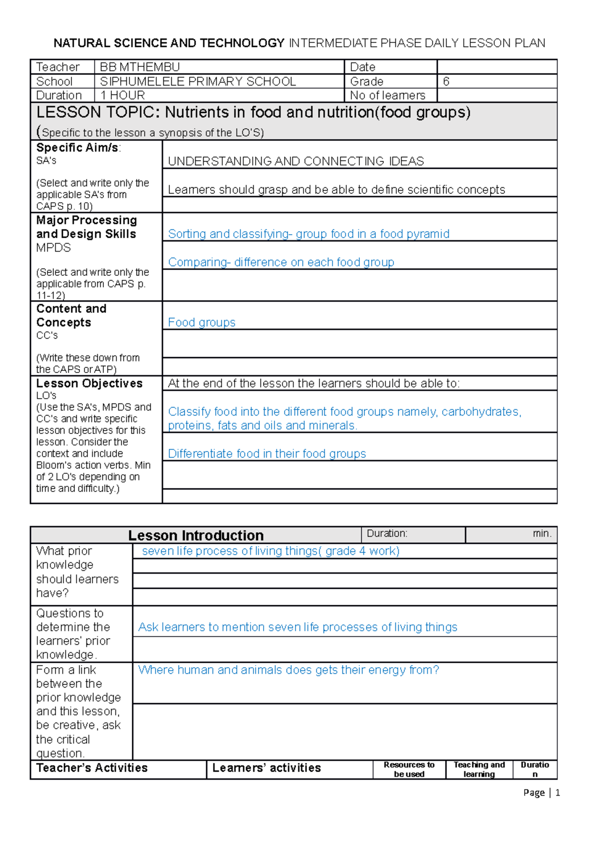 NATURAL SCIENCE GRADE 6: Understanding Food Groups Lesson Plan - Studocu