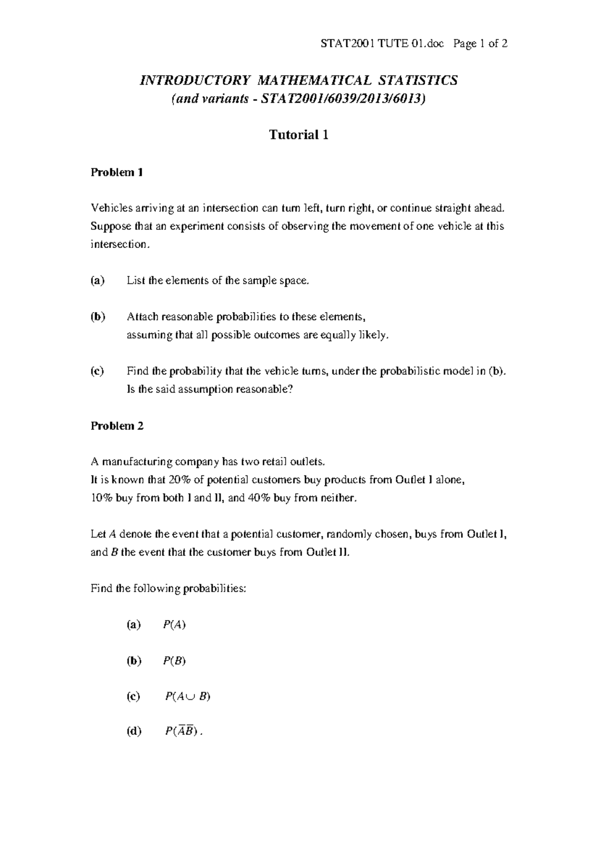 STAT2001 TUTE 01 - Week 1 - STAT2001 TUTE 01 Page 1 of 2 INTRODUCTORY ...