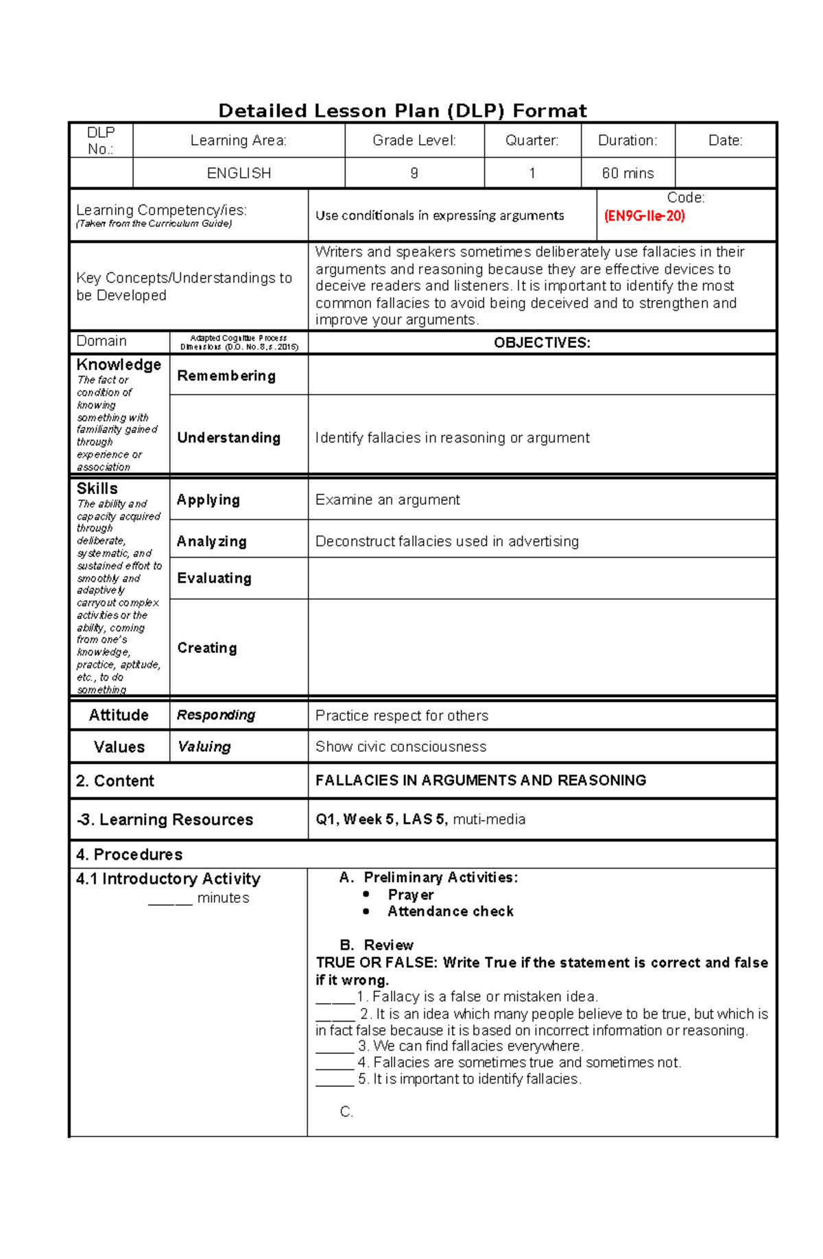 Detailed Lesson Plan on Fallacies in Arguments (ENG9 DLP) - Studocu