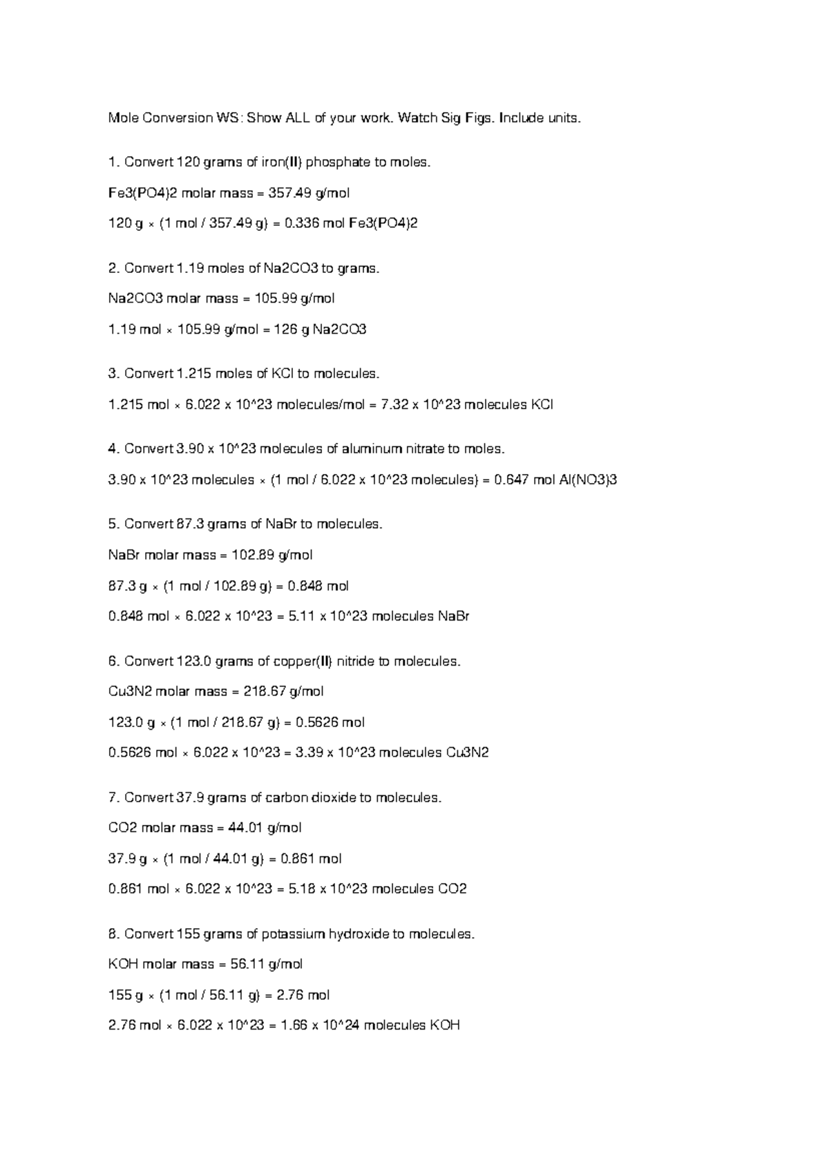 Mole Conversion WS: Detailed Calculations and Units - Studocu