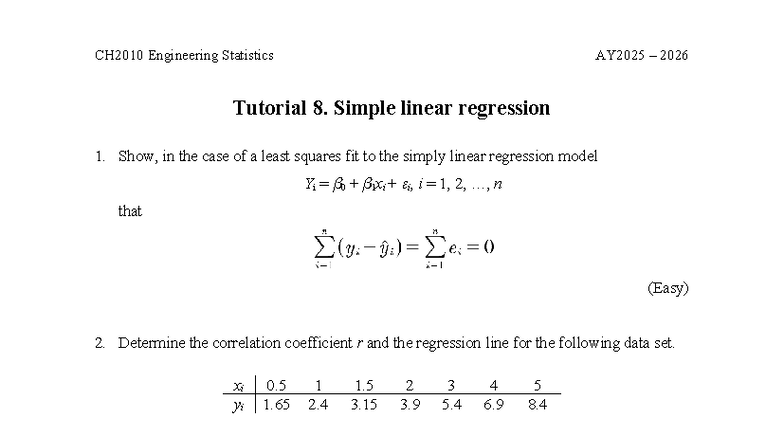 CH2010 Engineering Statistics AY2025-2026 Tutorial 8: Simple Linear ...