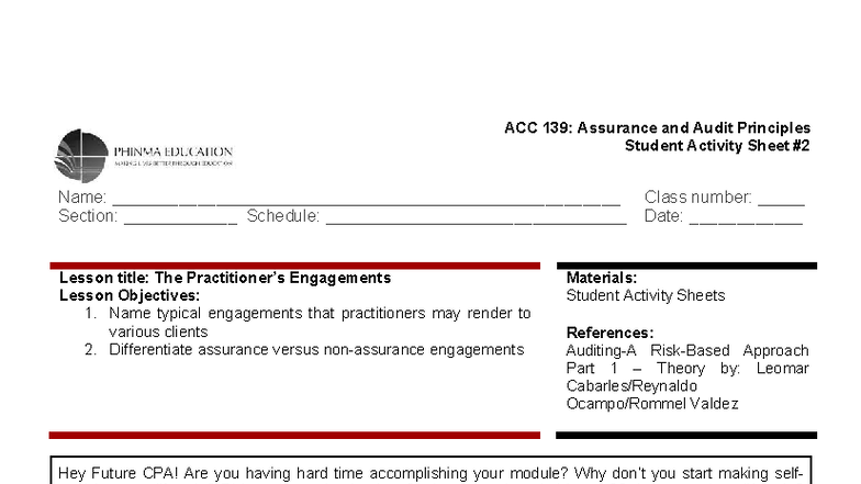 ACC 139: Assurance and Audit Principles - Engagements Lesson Activities ...