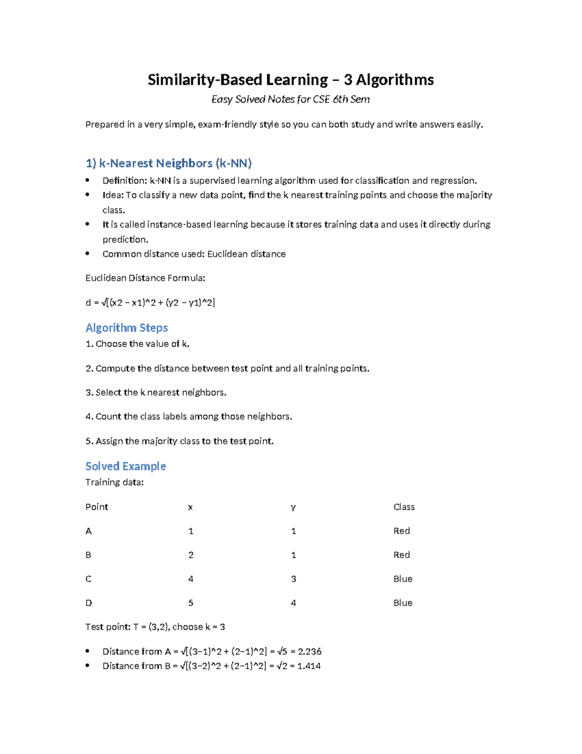 Similarity-Based Learning: 3 Easy Algorithms Notes for CSE 6th Sem ...