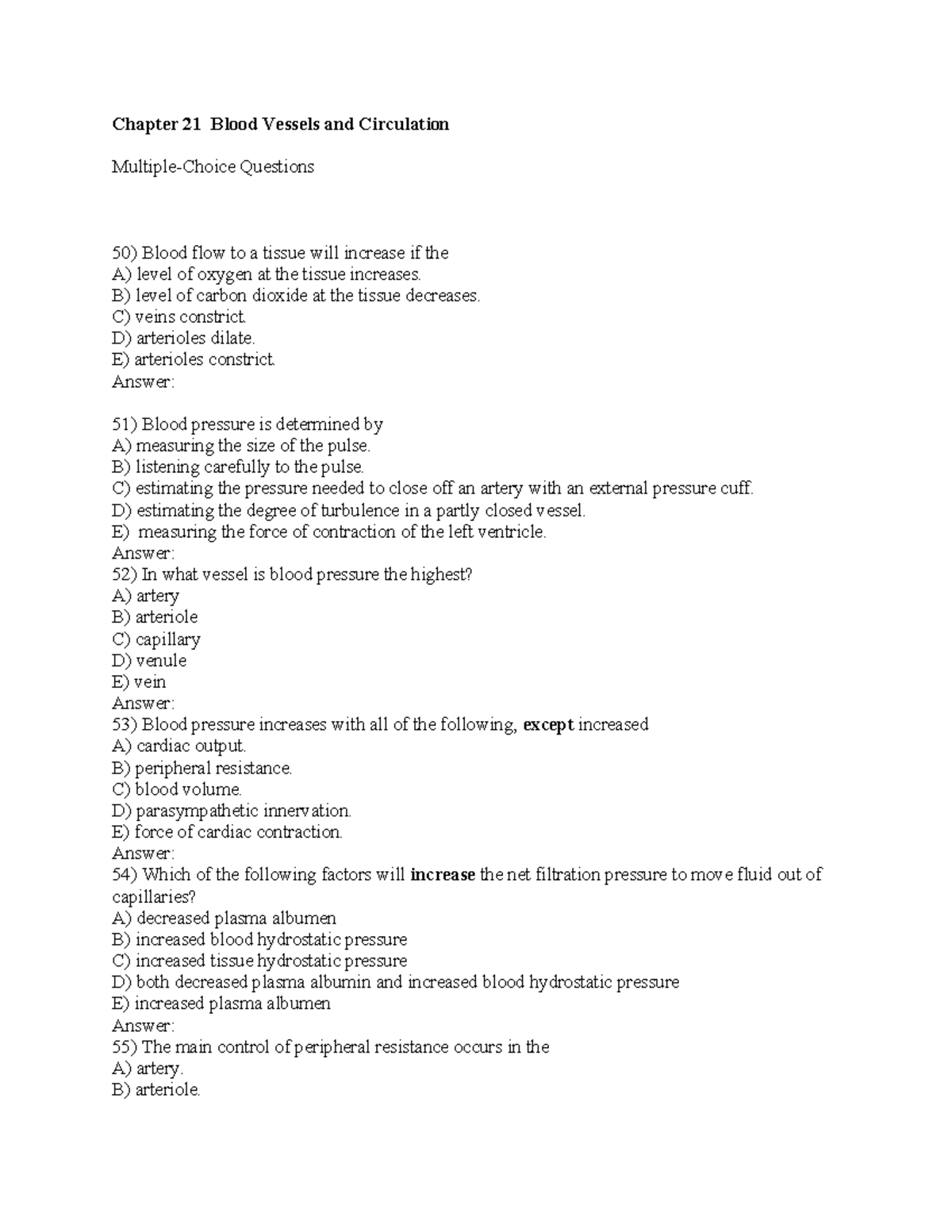 Chapter 21 MCQs on Blood Vessels and Circulation Study Guide - Studocu