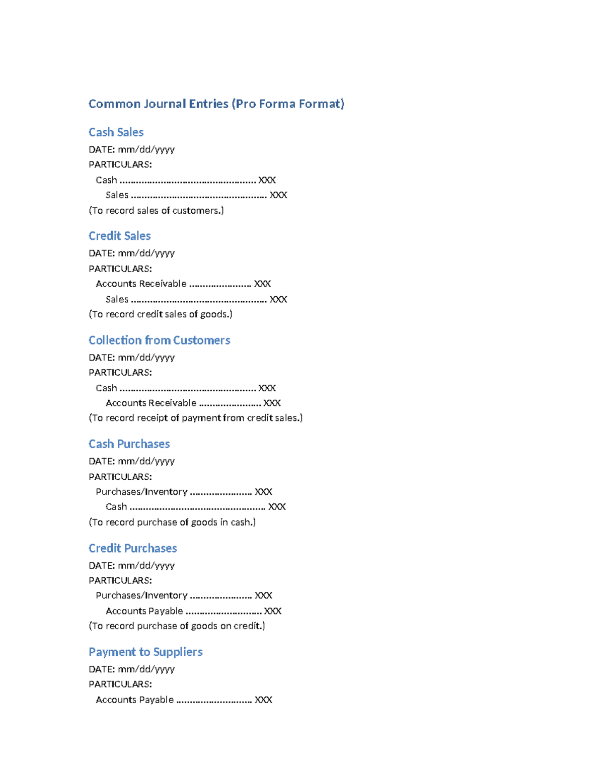 Common Journal Entries (Pro Forma Format) for Accounting 101 - Studocu