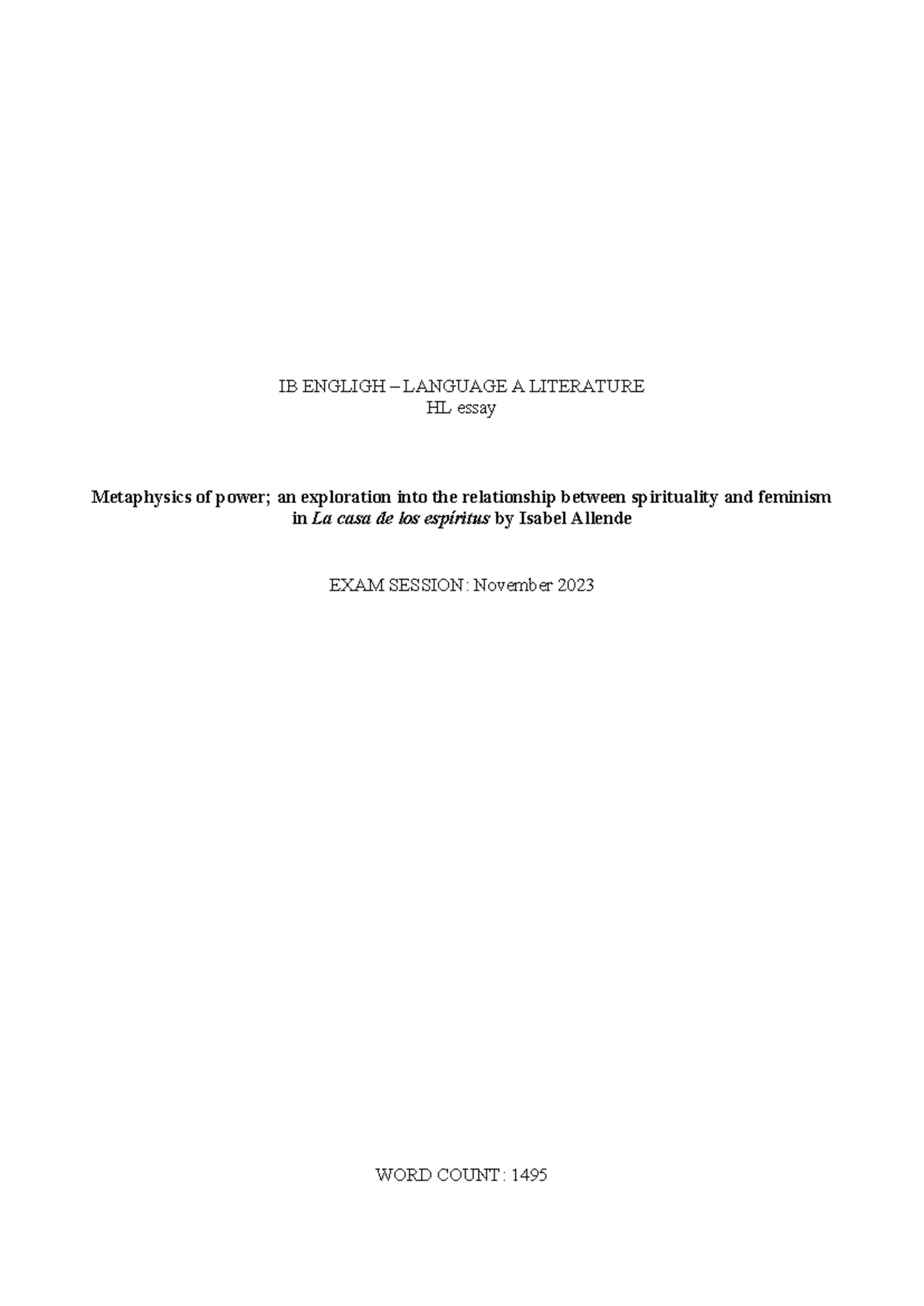 IB ENGLISH LANGUAGE A LITERATURE HL Essay: Feminism & Spirituality in ...